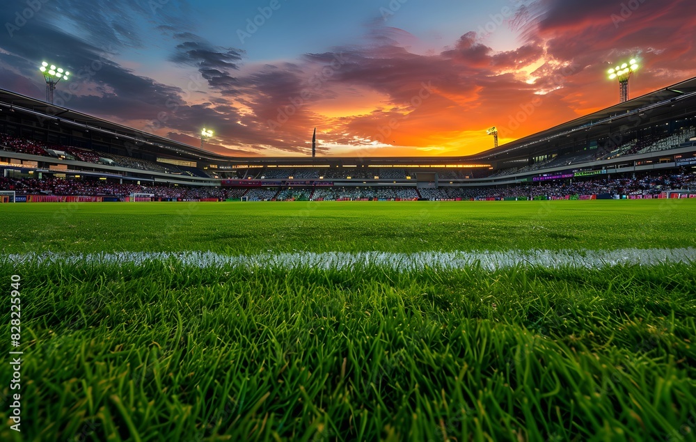 Soccer stadium with green grass field, stands full of fans and sunset ...