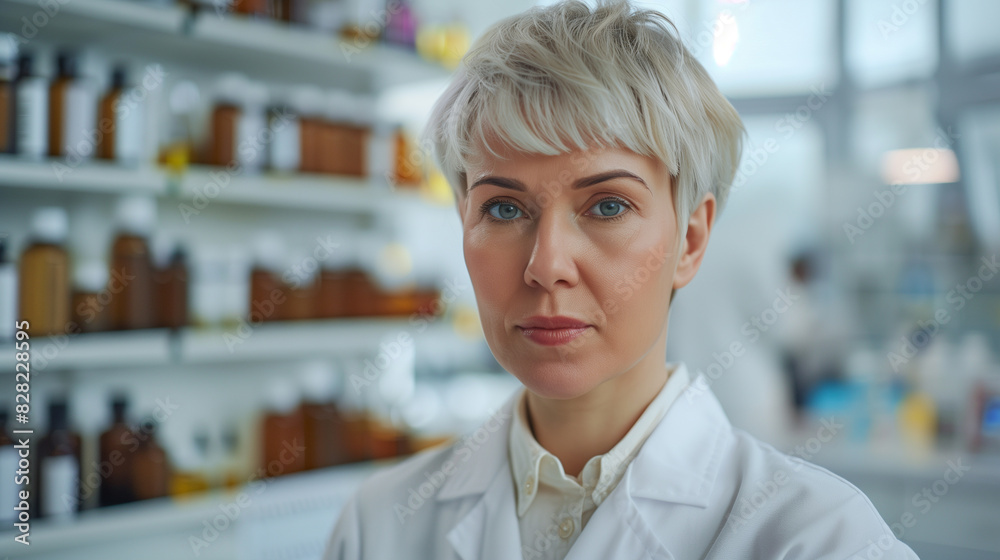 Pharmacist working in clinical laboratory. mature woman, develop ...