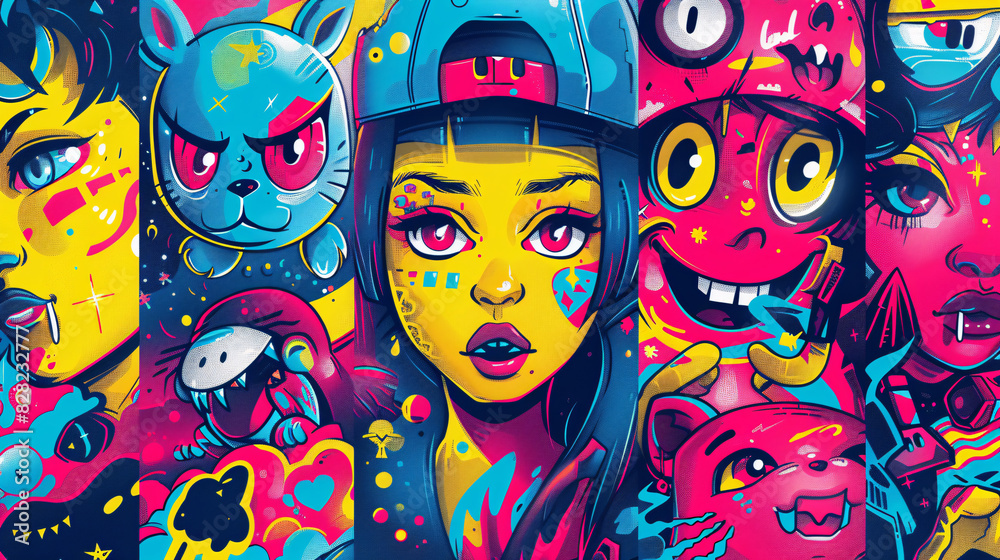 Colorful poster design with a collage of cartoon characters and ...