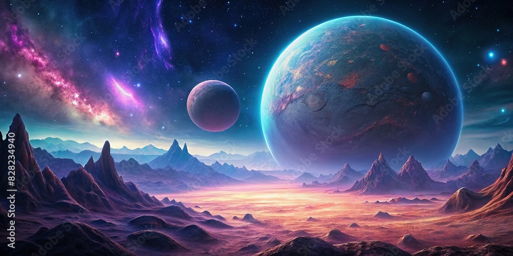 Deep space science fiction background with fantasy alien planet ...