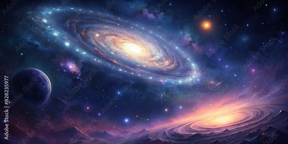 Deep space scene background with stippling style, spiral galaxy ...