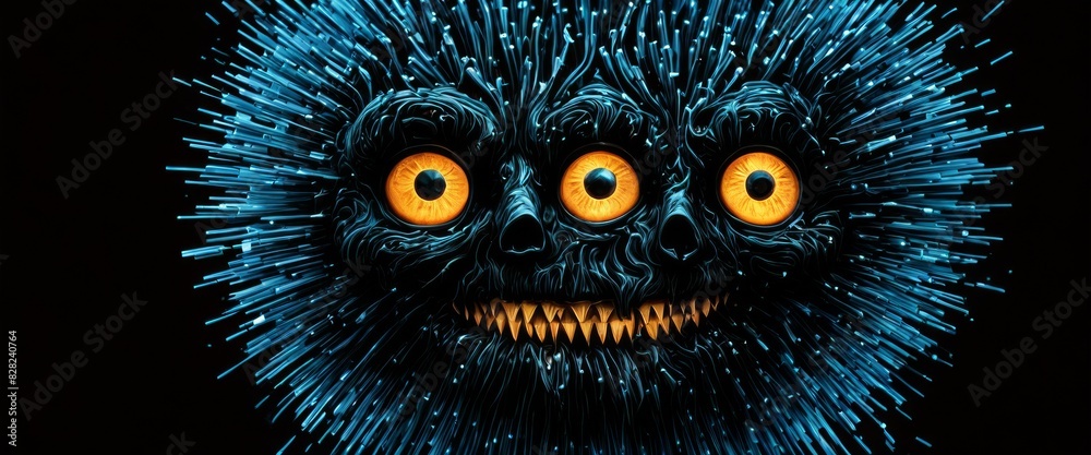 A surreal, three-eyed creature with sharp teeth and spiky blue fur ...