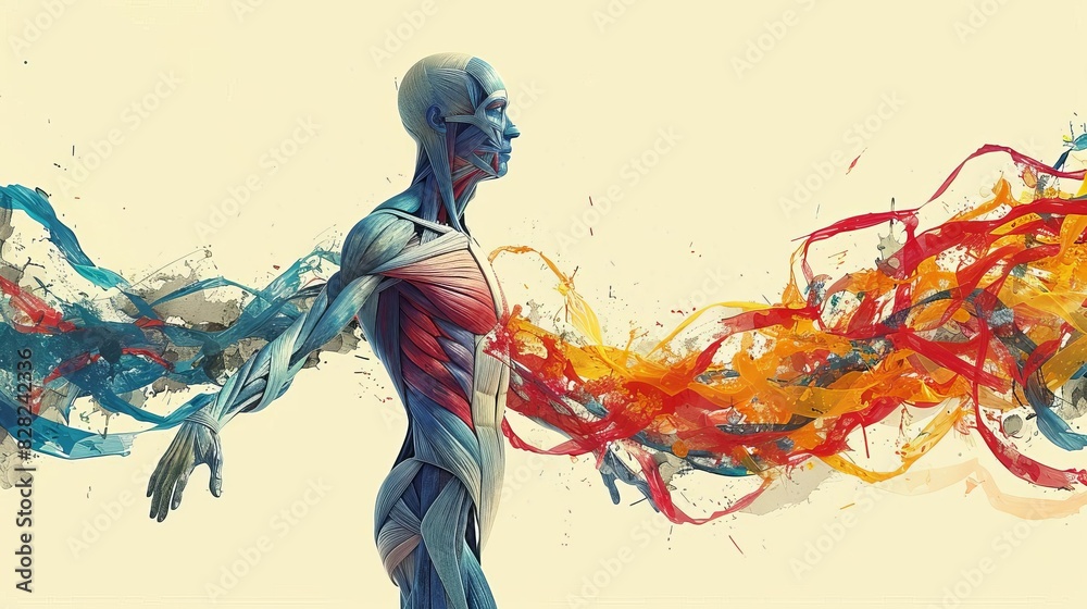 A digital art piece showing the human muscular system with muscles ...