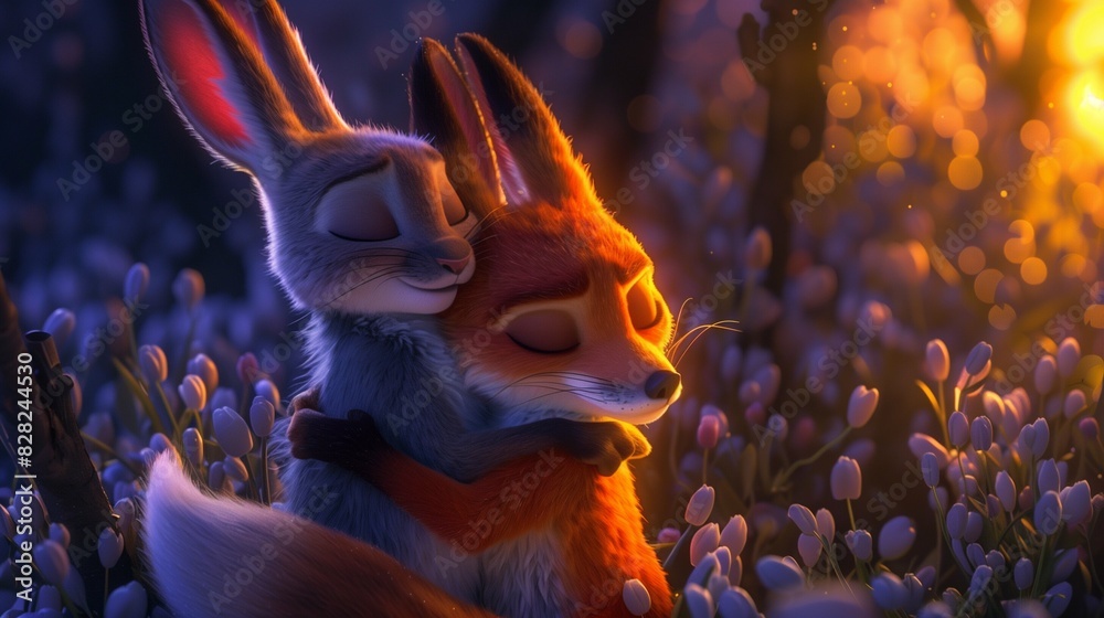 Visualize a heartwarming scene where two cute cartoon characters a fox ...