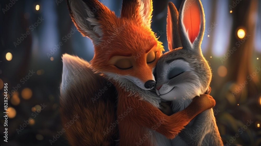 Visualize a heartwarming scene where two cute cartoon characters a fox ...