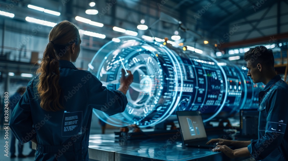 Aviation Technology: Engineers working on advanced aircraft technology in a high-tech hangar ...