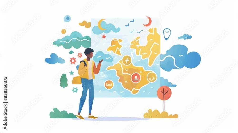A weather forecast illustration in 2D flat style featuring a ...