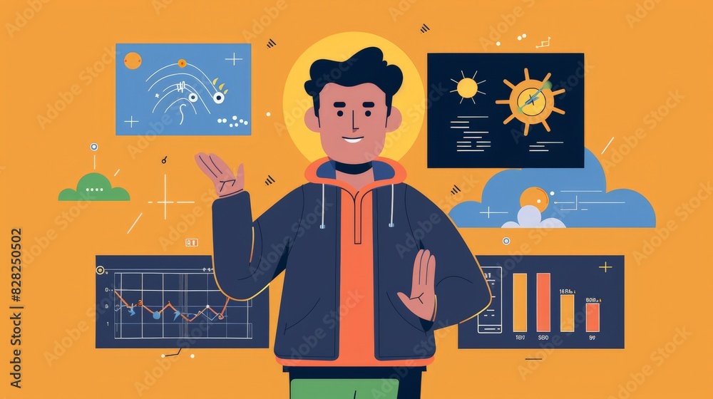 An illustration in 2D flat style showcasing a meteorologist presenting ...