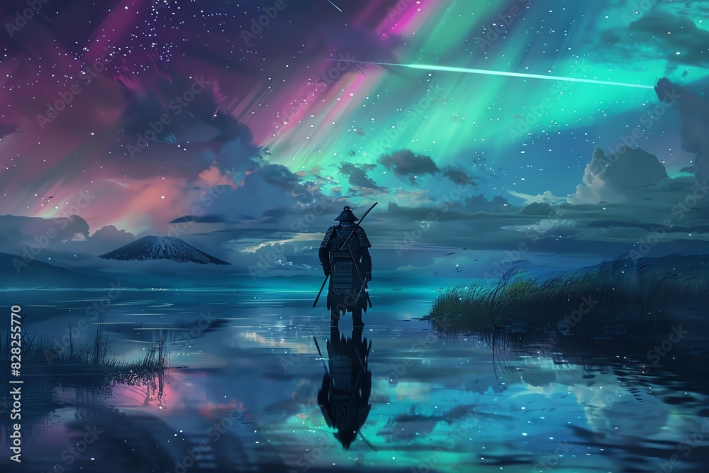 Visualize a stunning blend of a Samurai warrior in a reflective pose ...