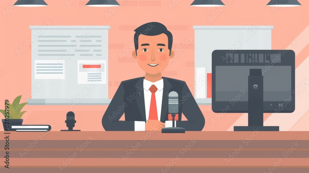 A flat design news anchor character depicted sitting at a desk with a ...