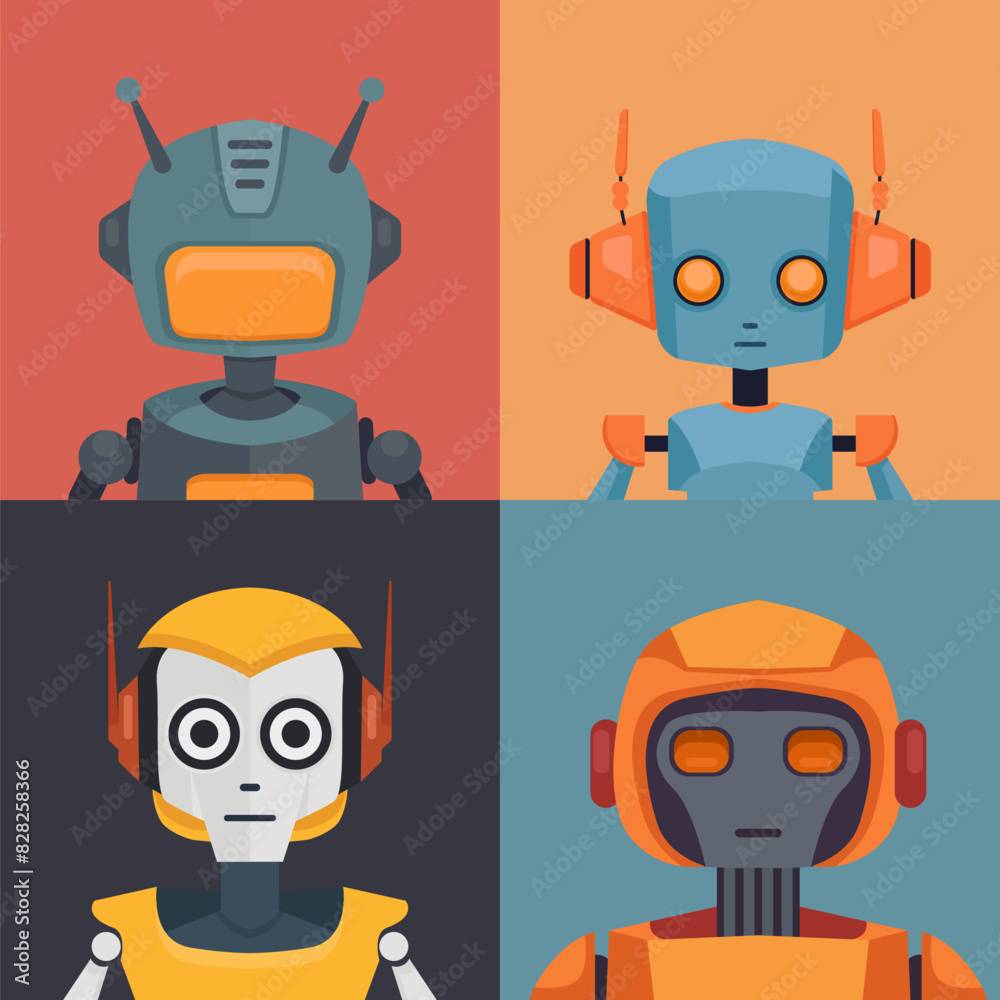 Vector set of portraits of various robots. Collection of android mascot ...