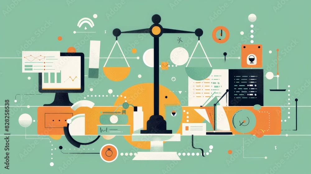 A 2D flat style depiction of journalism ethics, featuring a scale ...