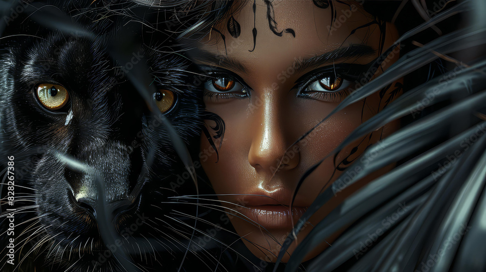 Stunning artwork of an elegant woman posing with a sleek black panther ...