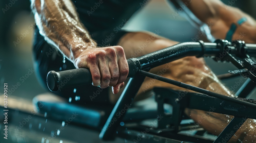 A close-up of hands gripping the handles of a rowing machine, with ...