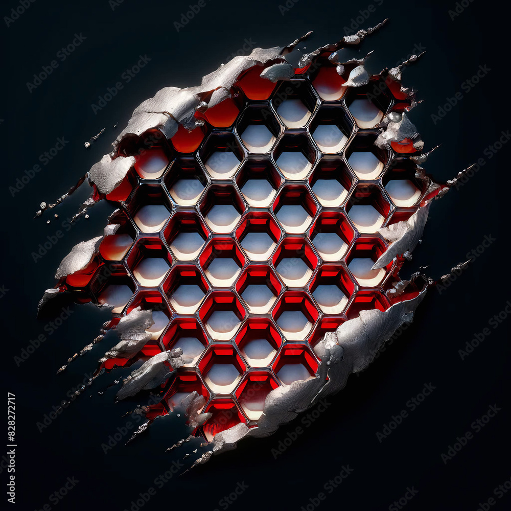 the torn metal revealed a shiny red and white honeycomb steel pattern ...