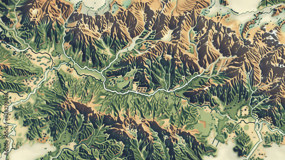 a detailed topographic map, showcasing a rugged mountain range with ...