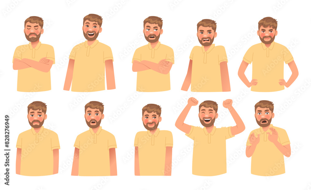 Set of a man character expressing various emotions. Joy, surprise ...