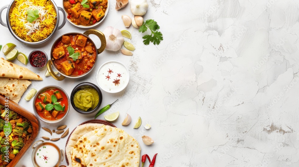 Indian ethnic food buffet on white concrete table from above: curry ...