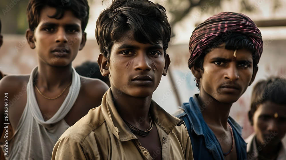 Young men of India. Indian men.Three young men looking intently at the ...