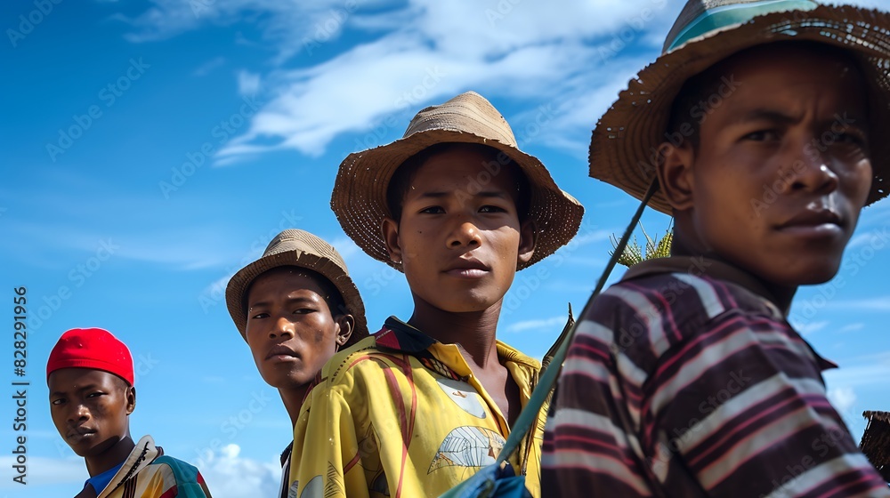 Young men of Madagascar. Malagasy men.Group of young farmers wearing ...