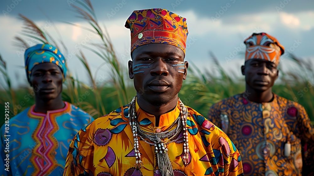 Young men of Benin. Beninese men.Three men in traditional African ...