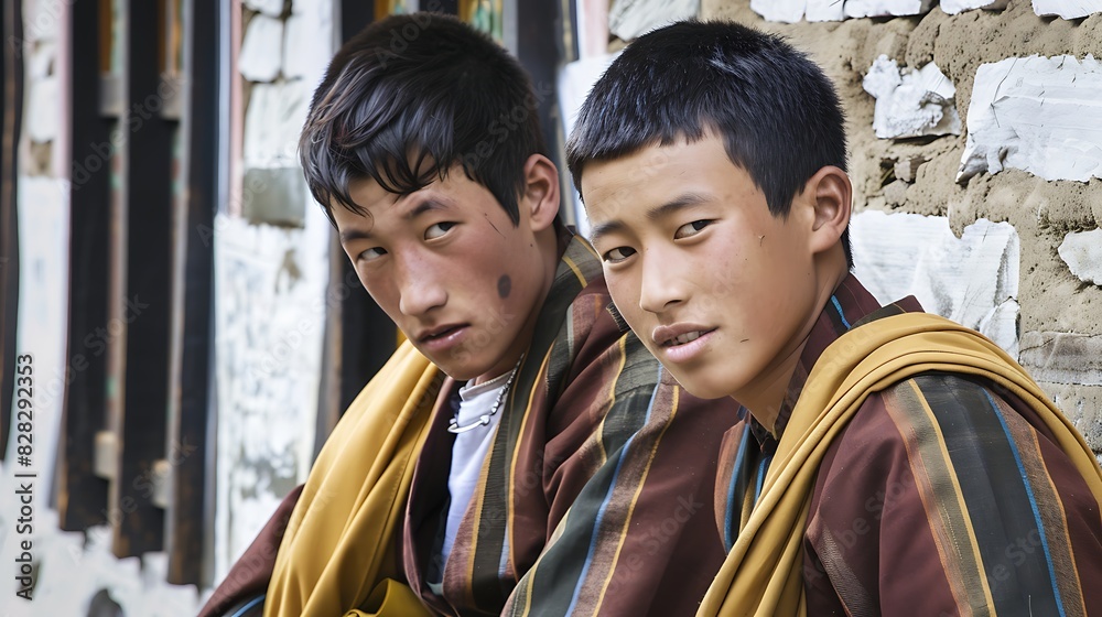 Young men of Bhutan. Bhutanese men.Two young monks in traditional robes ...