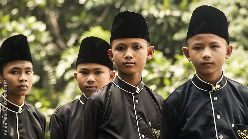Young men of Brunei. Bruneian men.Four young boys in traditional attire ...
