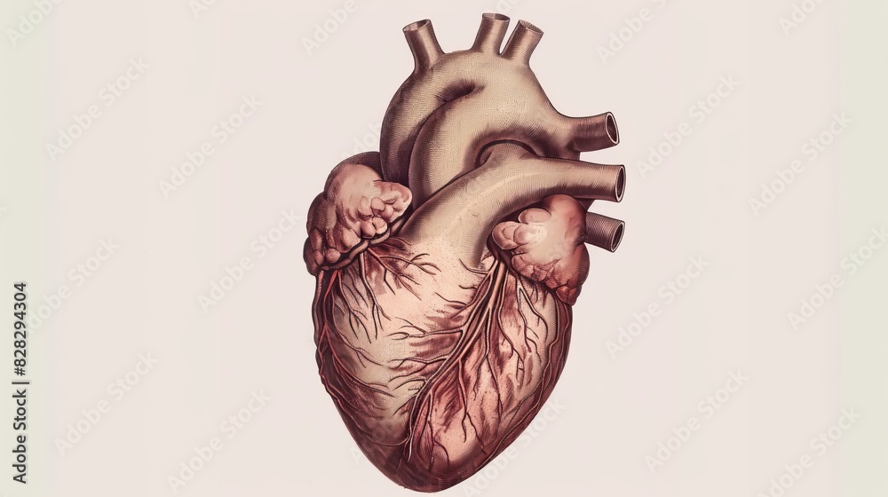 Old-fashioned illustration of the human heart with delicate cross ...