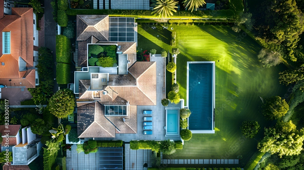 Aerial top view of villa house with pool, lawn and garage, with ...