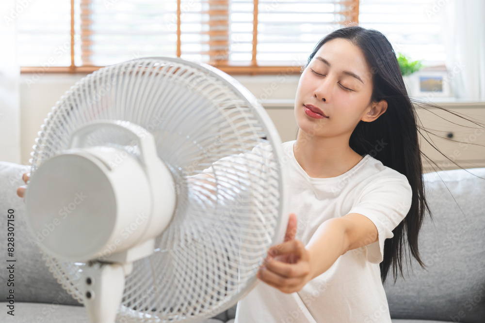Happy summer heat wave stroke, hot weather, tired asian young woman ...