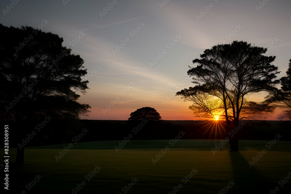 heart-shaped sun sets behind the trees on the horizon. concept of ...