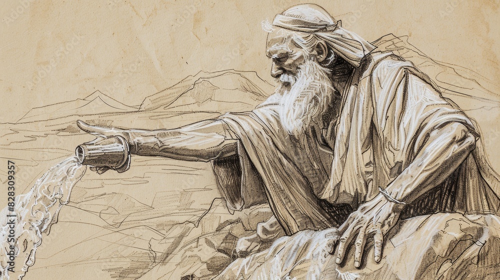 Biblical Illustration of Moses Striking Rock at Horeb, Water Flowing ...