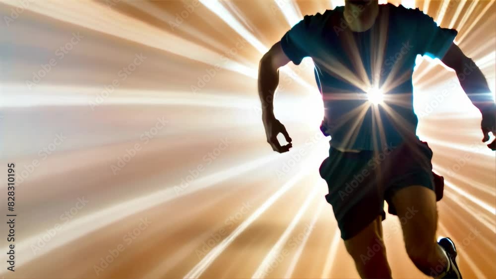 A silhouette of a male runner with a radiant backlight creates a ...