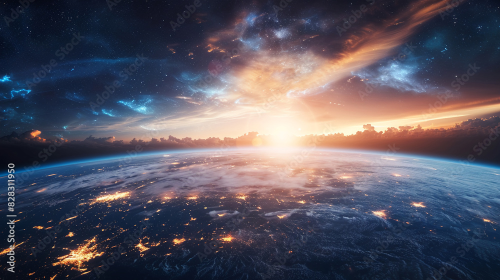 Panoramic Earth from space city lights glowing beneath light clouds ...