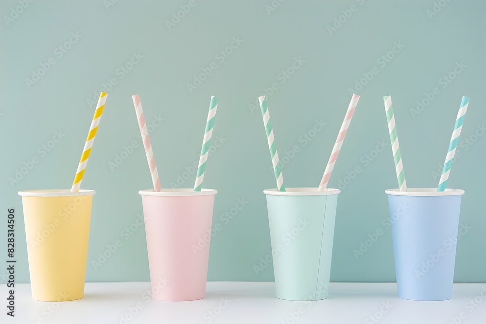 6 colorful paper cups with straws on a white background, in a ...