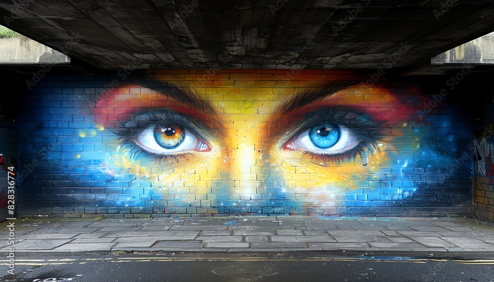 Produce an eye-catching street art composition in rainbow hues that ...