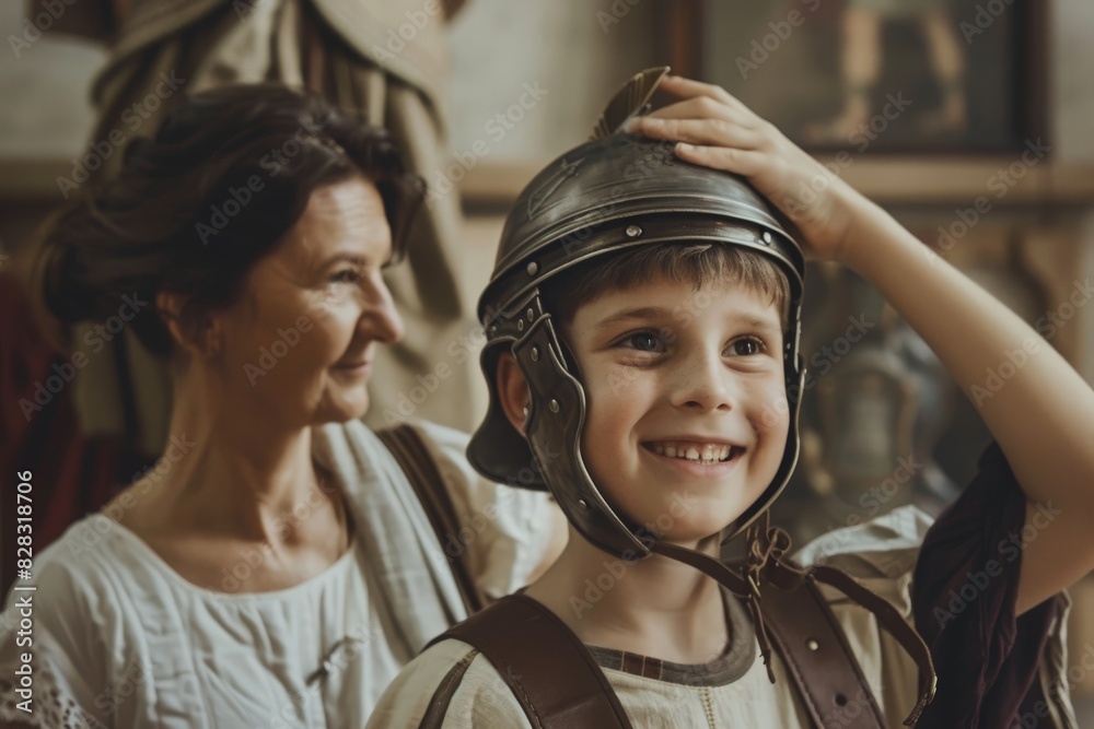 A happy Caucasian young boy smiling while he is trying a Roman galea in ...