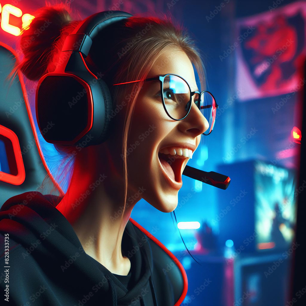 Profile of a young confident female eSport player with glasses, in a ...