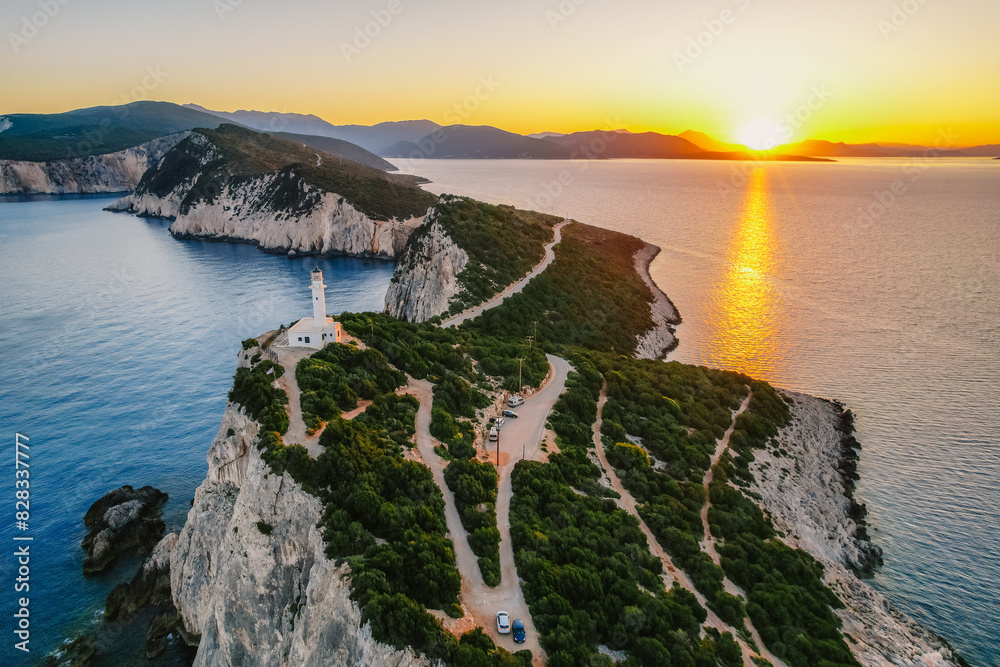 Lighthouse on the cliff. Seascape of Cape Lefkatas with old lighthouse ...