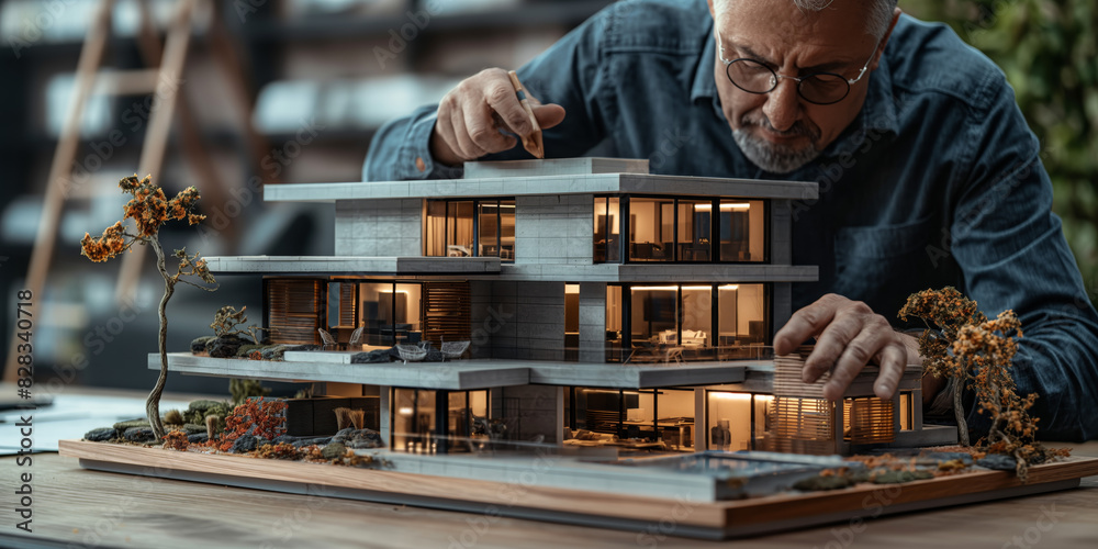 Architect working on a detailed scale model of a modern multi-story ...