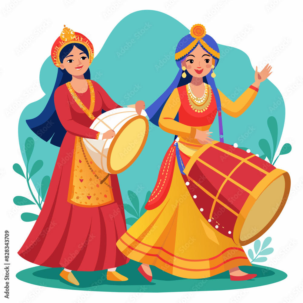 Women playing Indian musical instrument dholak in wedding function ...