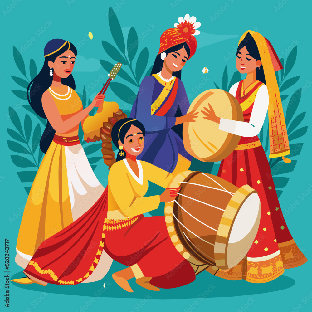 Women playing Indian musical instrument dholak in wedding function ...