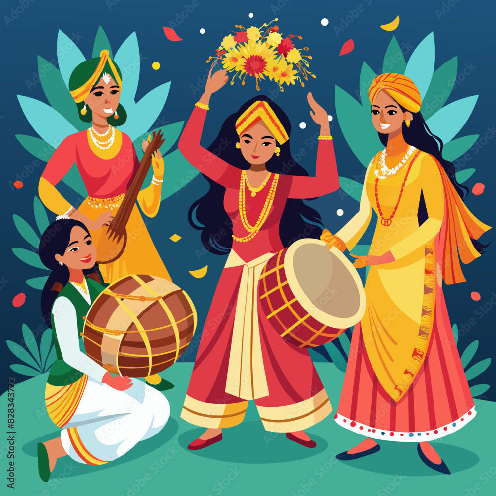 Women playing Indian musical instrument dholak in wedding function ...