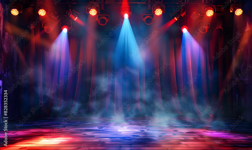 Empty stage with lighting equipment on a stage. Spotlight shines on the ...