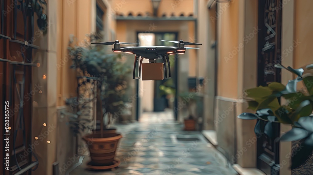 Robot delivering box. Flying drone hold package. Air copter with ...