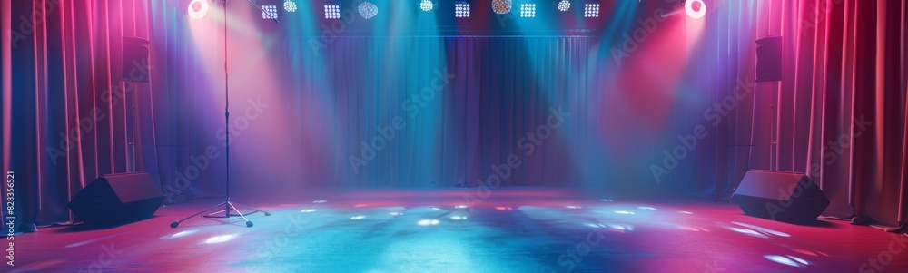 Brightly lit stage with stage lights and stage curtains, party ...