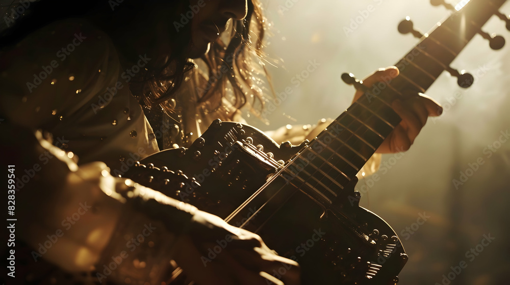 Portrait of an Indian classical musician playing a sitar, with light ...