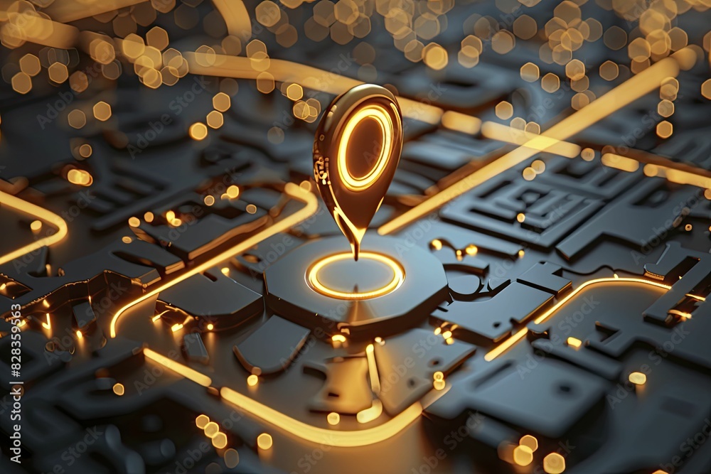 Explore a 3D map with a golden location marker, top-down view, and ...