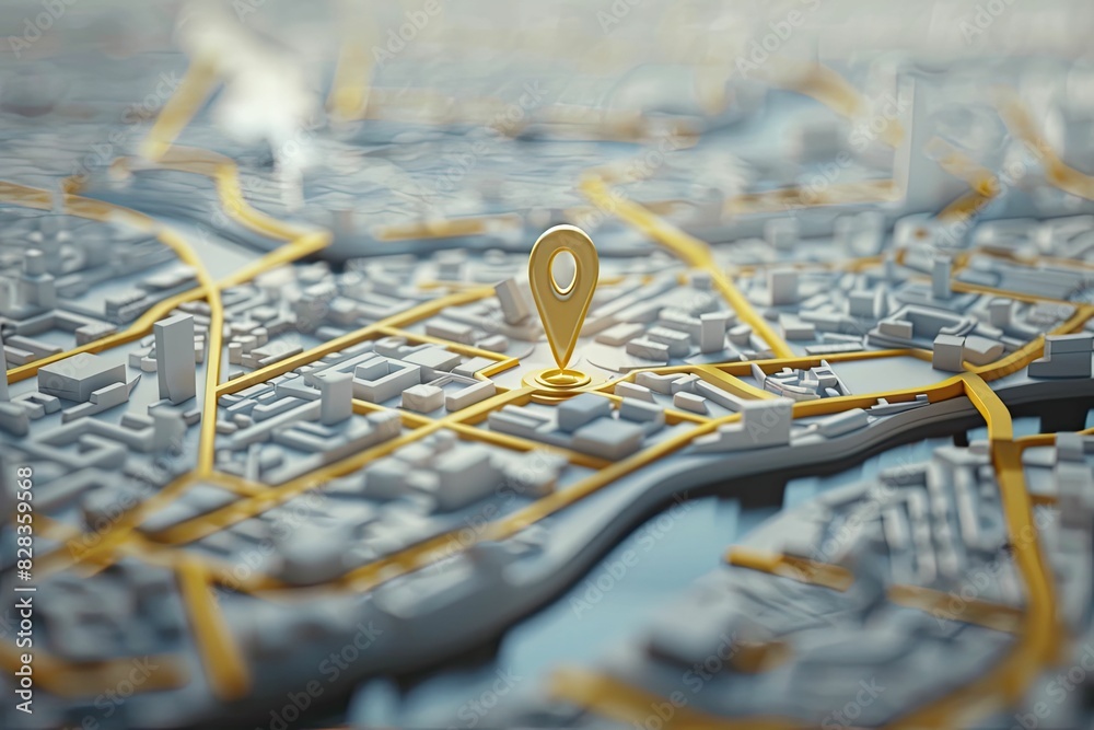 3D navigation map with yellow marker, top-down view with modern design ...