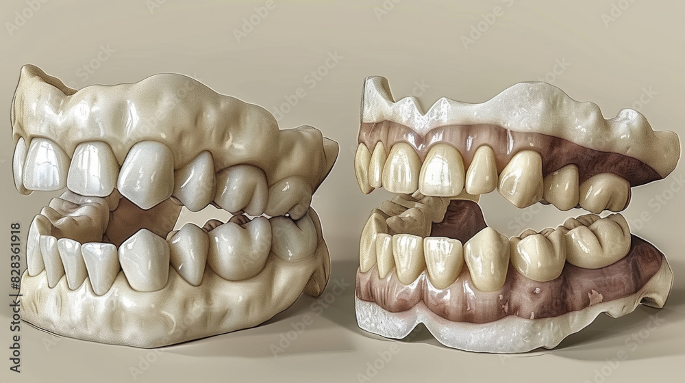Two sets of teeth, one is white and the other is brown. The white teeth ...